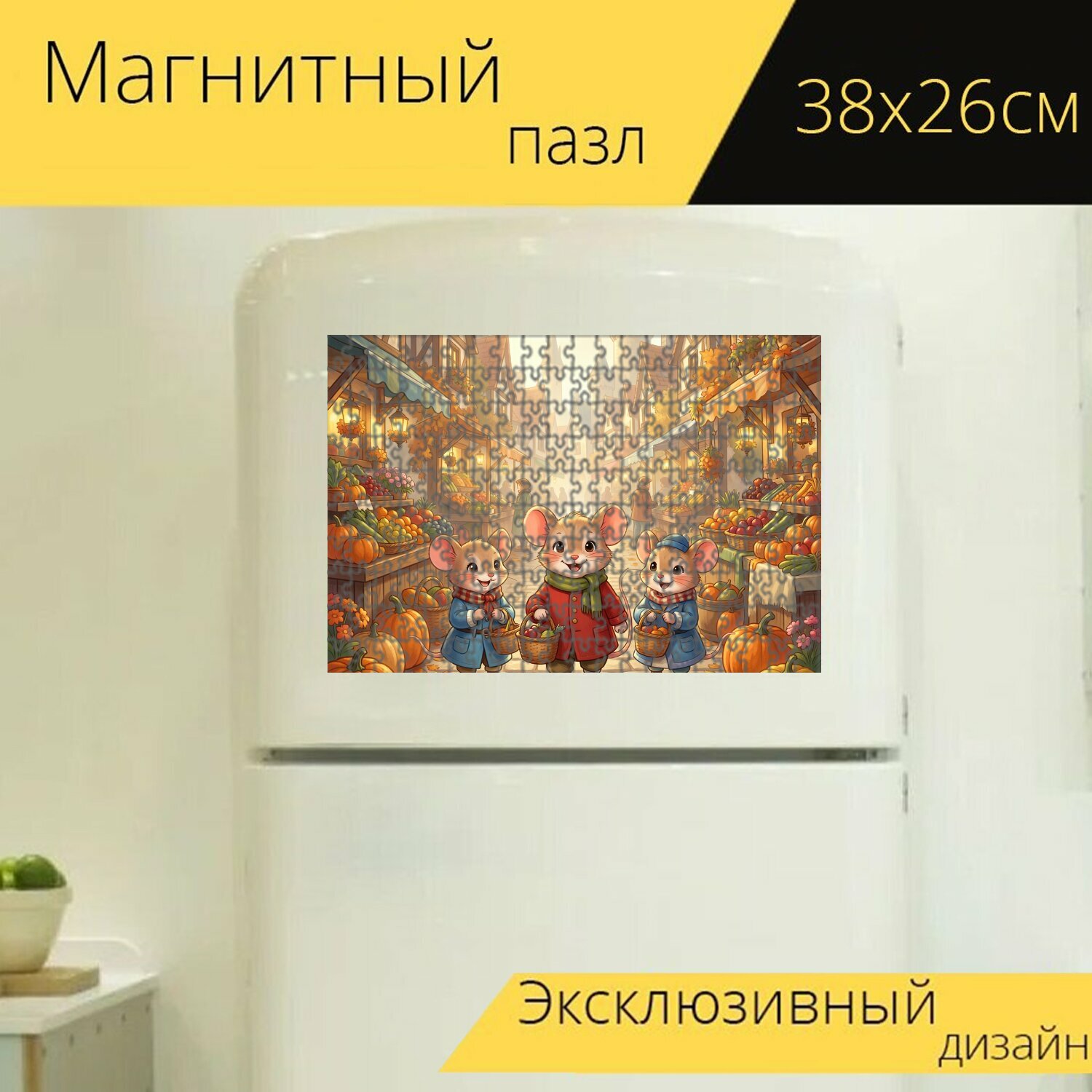 Магнитный пазл "Мышата на осенней ярмарке. Милые мыши с корзинками гуляют по сказочной рыночной улице среди тыкв, фруктов и овощей. Уютная мультяшная." для интерьера, 38х26 см.