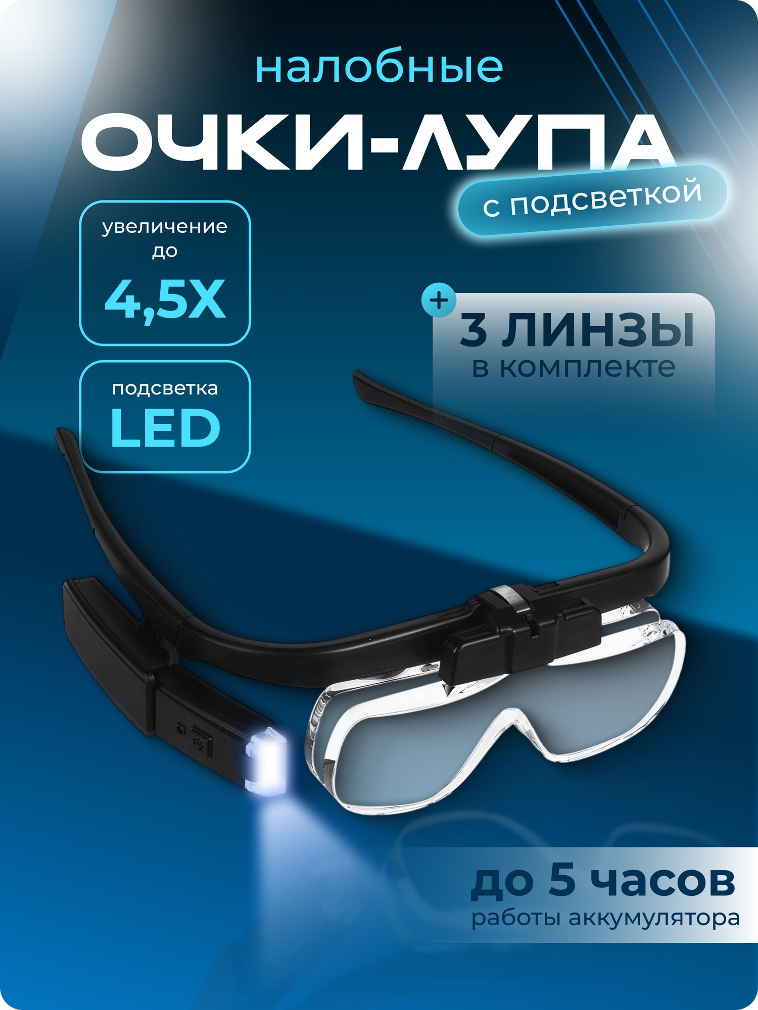 Увеличительные очки лупа с LED подсветкой и сменными линзами