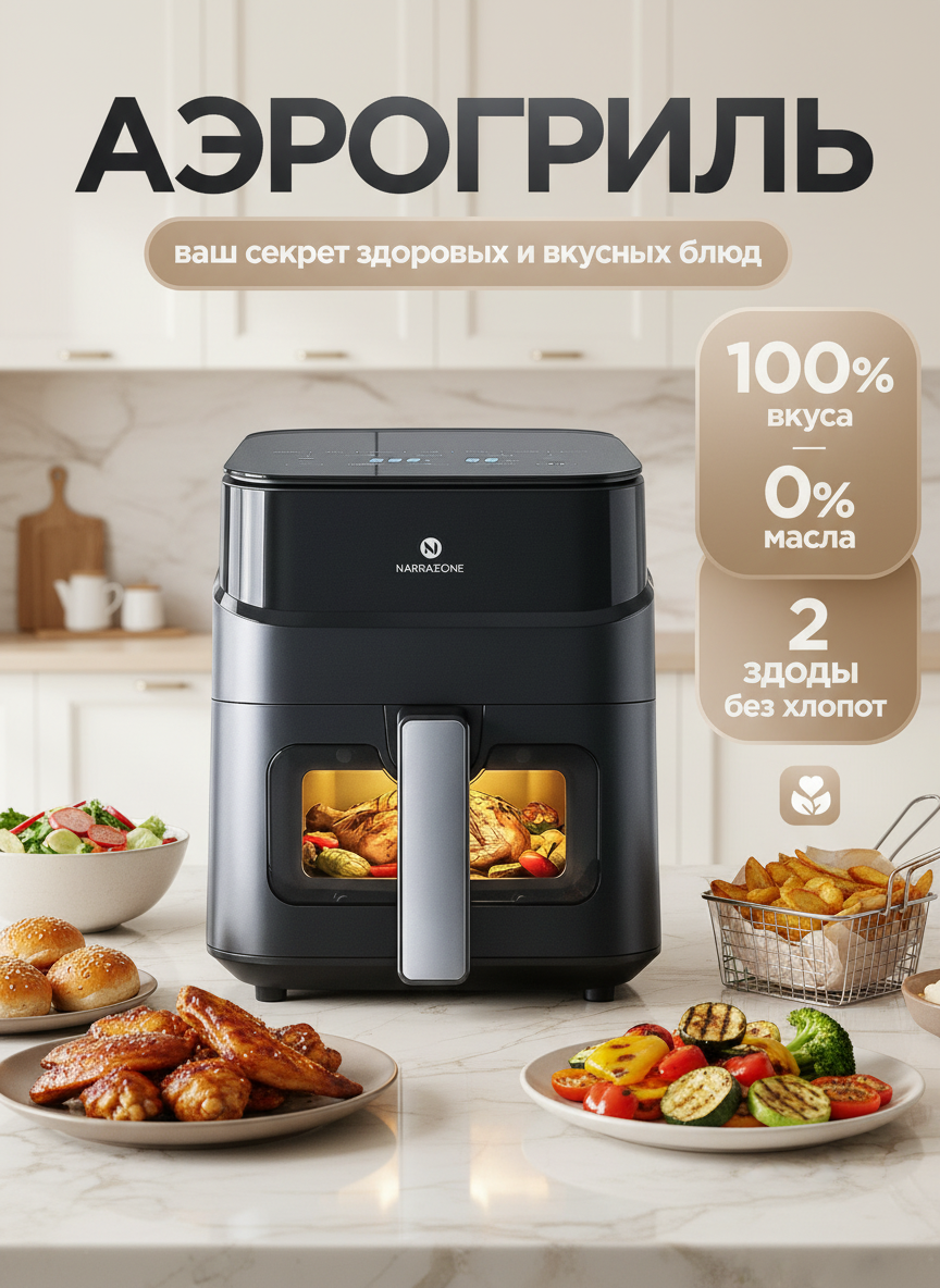 Аэрогриль электрический NARRAZIONE ERA470D / 4л,1250вт, 9 программ, аэрофртюрница с чашей и решеткой