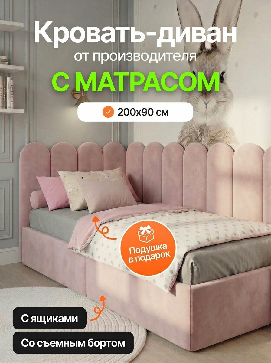 Мягкая кровать Кэнди розовая с ящиками и матрасом , 200х90