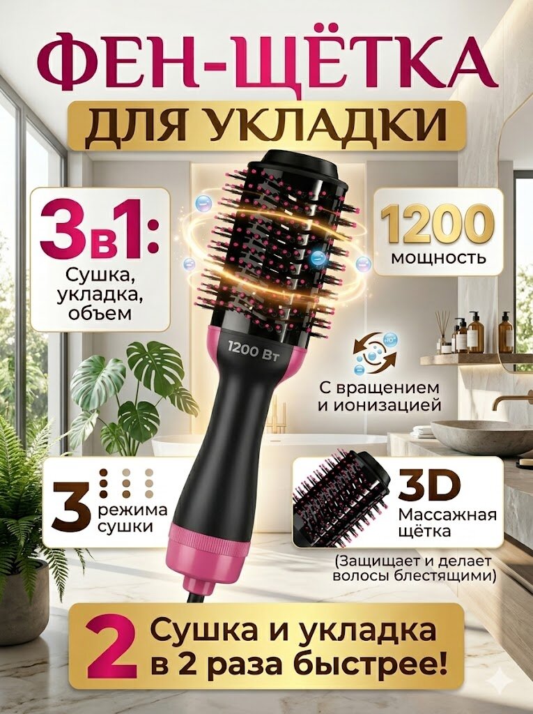 Фен-щетка для волос / Расческа с ионизацией One Step Фен-щётка (расчёска-фен) для волос Hair Dryer 3 в 1