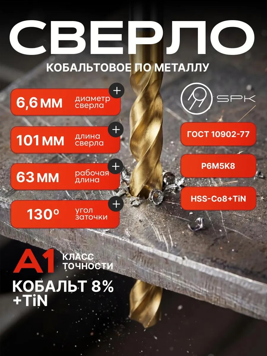 Сверло по металлу SPK, кобальтовое, термостойкое, с Tin, 6,6 мм