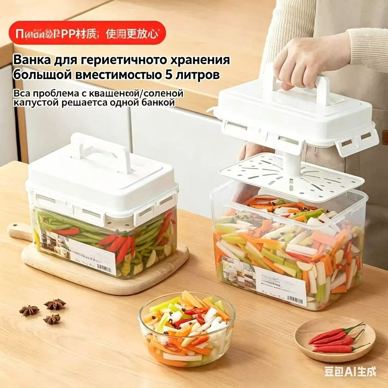 Контейнер для засолки овощей 5 л, полипропиленовый, с прессом, герметичный