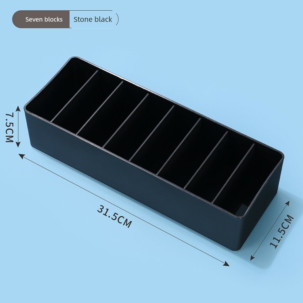 7-Partition Desktop Storage Box in Obsidian Black Color for Office Organization, Plastic Organizer with Seven Dividers