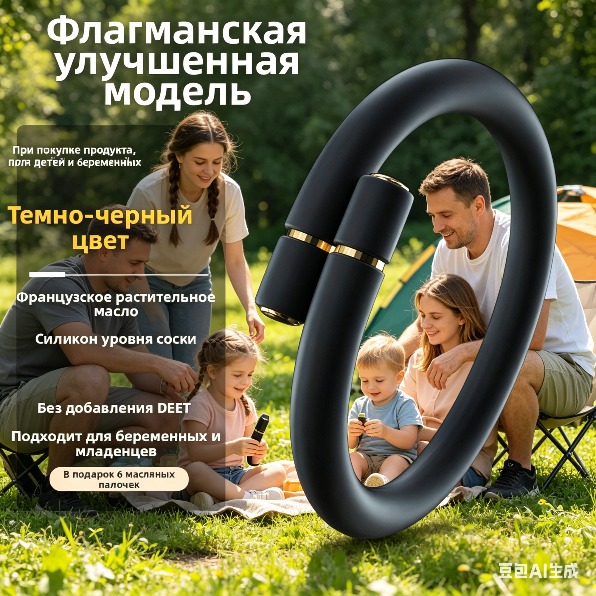 Браслет с растительным эфирным маслом, детское изделие, с 6 палочками растительного эфирного масла, черный