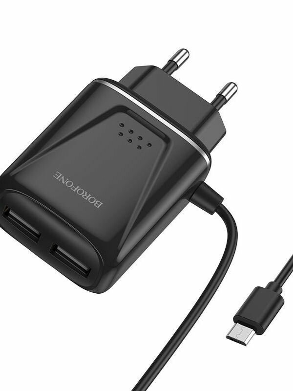 Сетевое зарядное устройство BOROFONE BA50A, micro USB A, 2,1 mA +2 USB, чёрное.