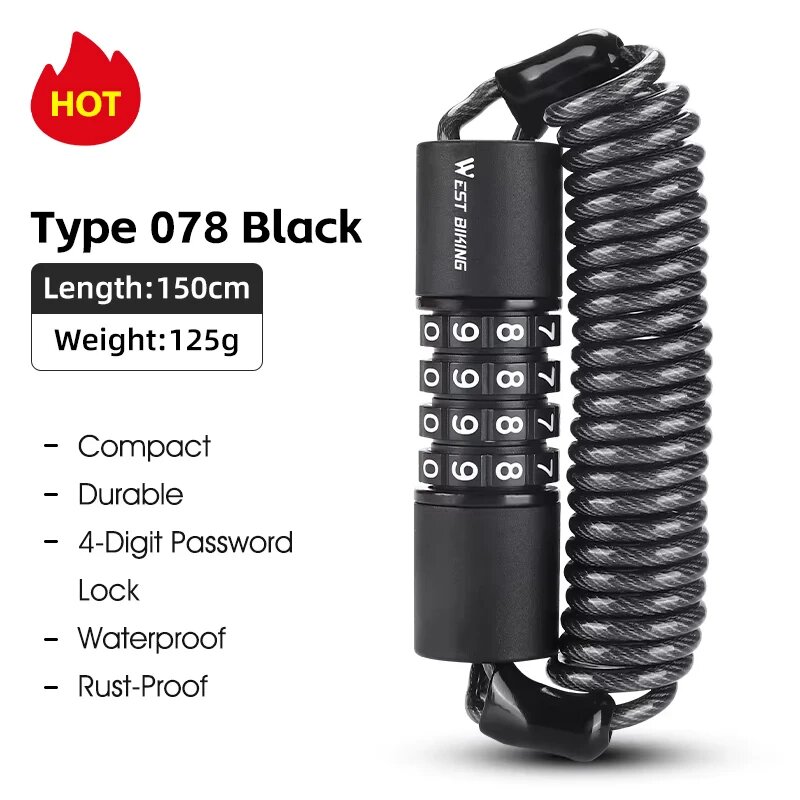 WEST BIKING Кабельный замок 150см, черный, 078 Black