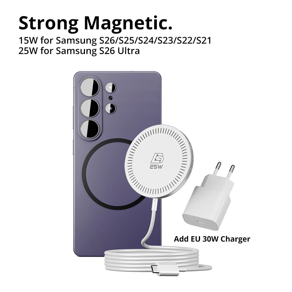 Беспроводное зарядное устройство Bonola 25W Silver для Samsung Galaxy S26 Ultra с EU Plug