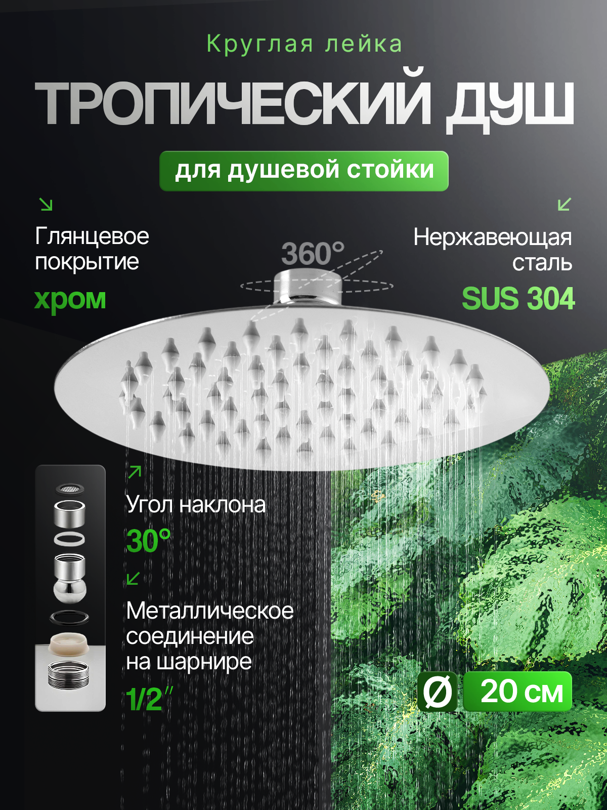 Лейка тропический душ круглая диаметр 20 см, хромированная глянцевая