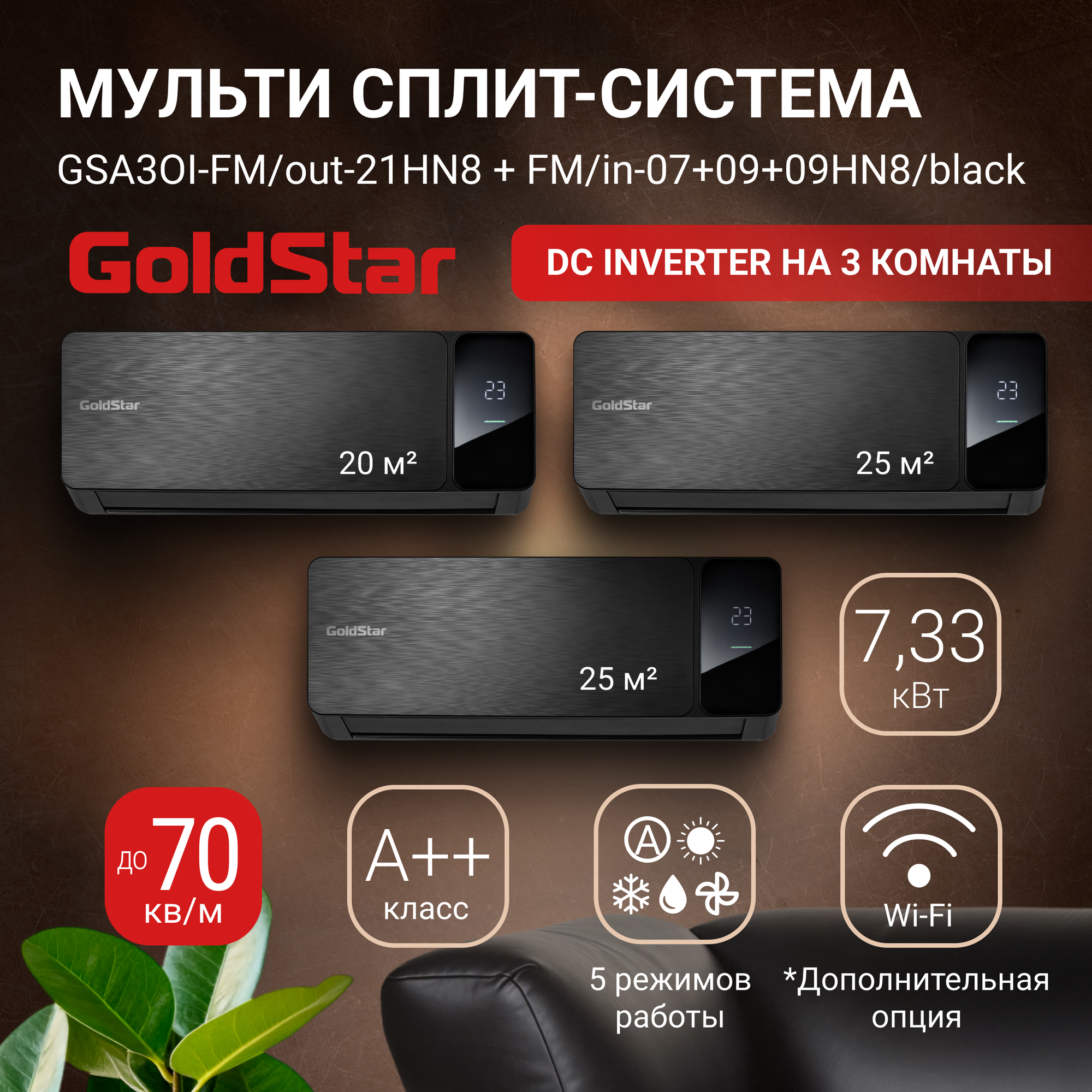 Мульти сплит-система инверторная GoldStar GSA3OI-FM/out-21HN8 + FM/in-07+09+09HN8/black, комплект