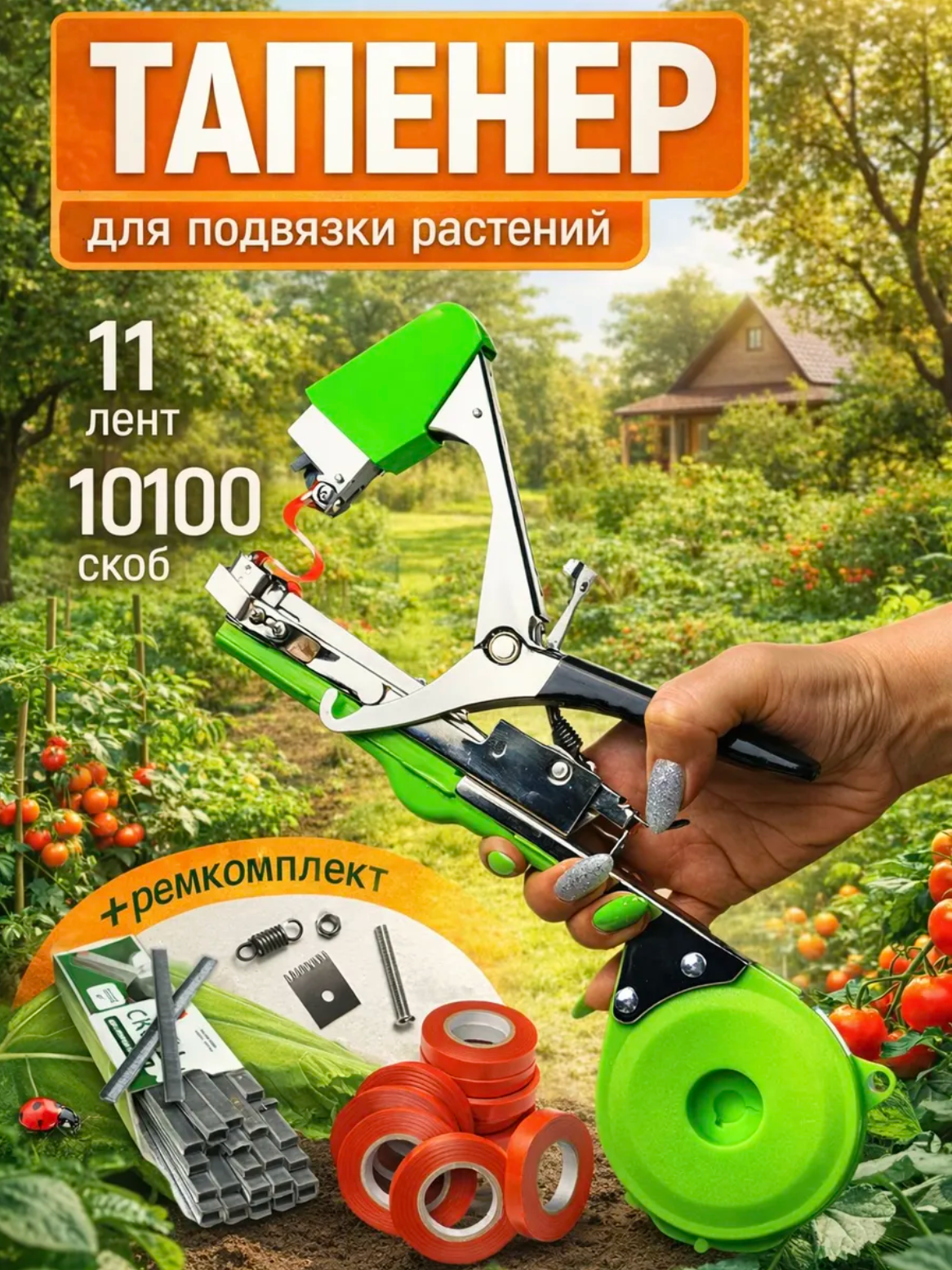 Садовый тапенер для подвязки растений, ленты и скобы в комплекте