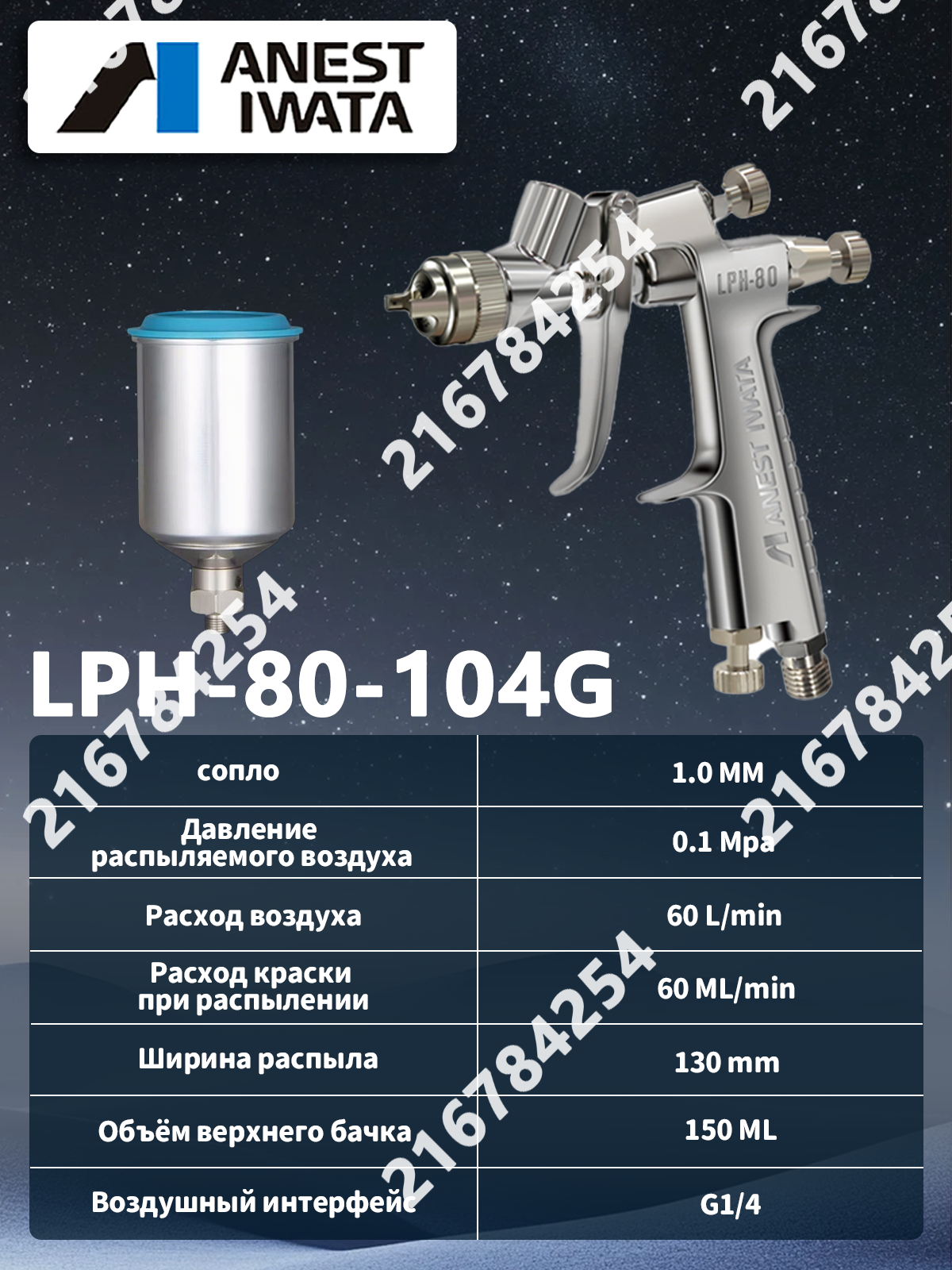 Японии ивата! Краскопульт пневматический ANEST IWATA LPH-80-104G HVLP, сопло 1.0 mm, с бачком PCG-2D-1, С манометром