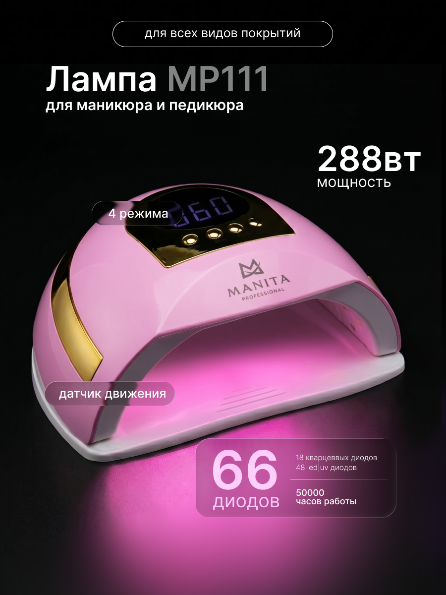 Лампа для маникюра MANITA PROFESSIONAL, LED/UV, 288 Вт, розовая