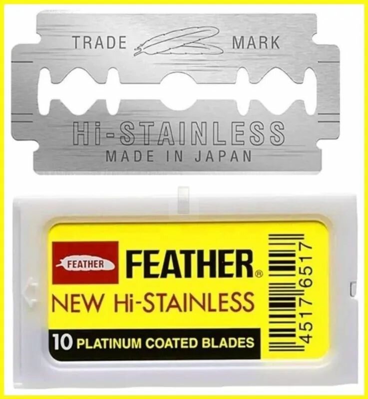 Двусторонние лезвия японские для Бритвы FEATHER "New Hi-Stainless", в диспенсере, классические, для T-образных бритв и шаветок, упаковка 10 шт
