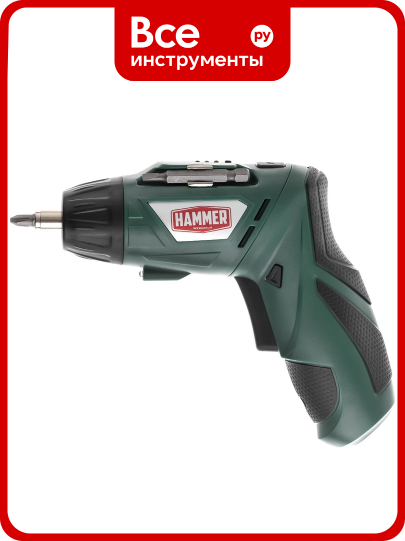 Аккумуляторная отвертка Hammer Flex с набором бит, подсветка и реверс, Li‑Ion аккумулятор, корпус с хвостовиком