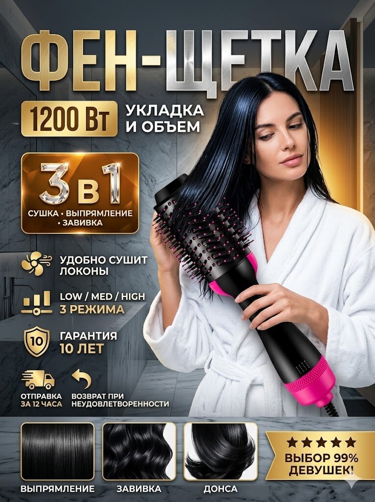 Фен-щетка для волос / Расческа с ионизацией One Step Фен-щётка (расчёска-фен) для волос Hair Dryer 3 в 1