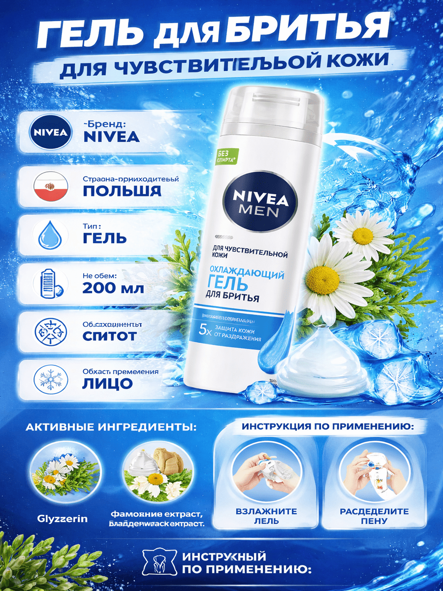 Гель для бритья Nivea Men для чувствительной кожи охлаждающий, 200мл