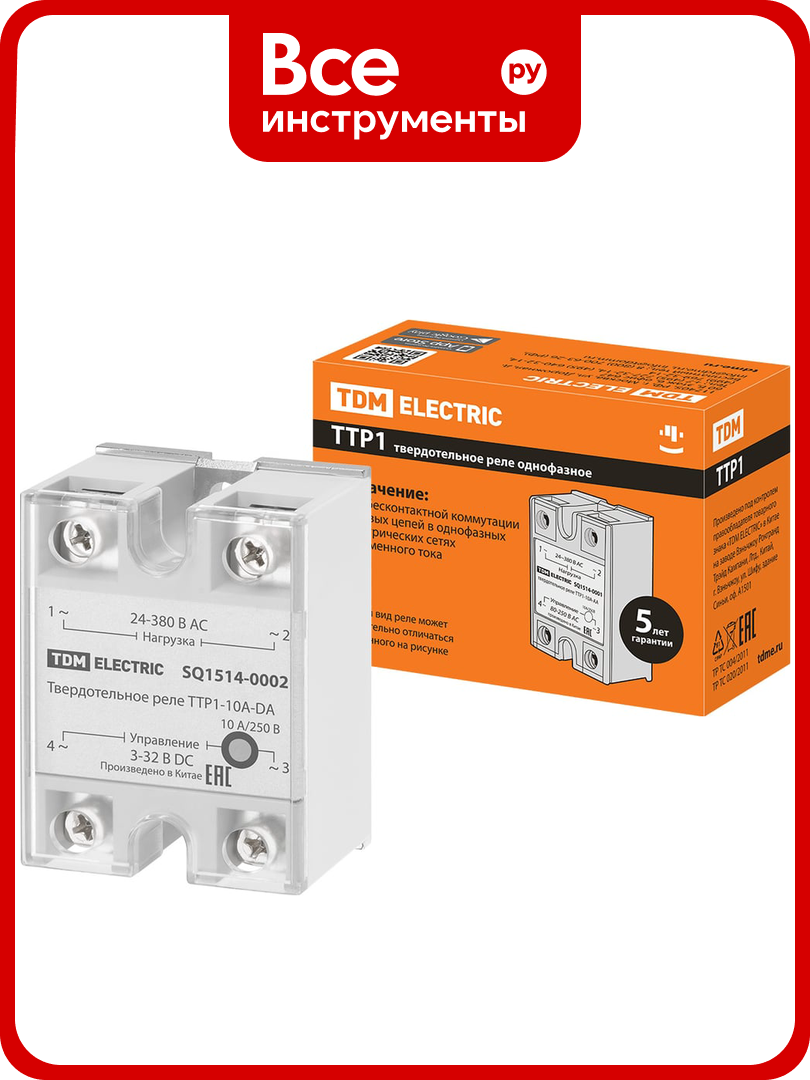 Твердотельное реле TDM ELECTRIC ТТР1-10А-DА, 1ф, 10А, упр: 3-32В DС, нагр: 24-380В АС TDM SQ1514-0002