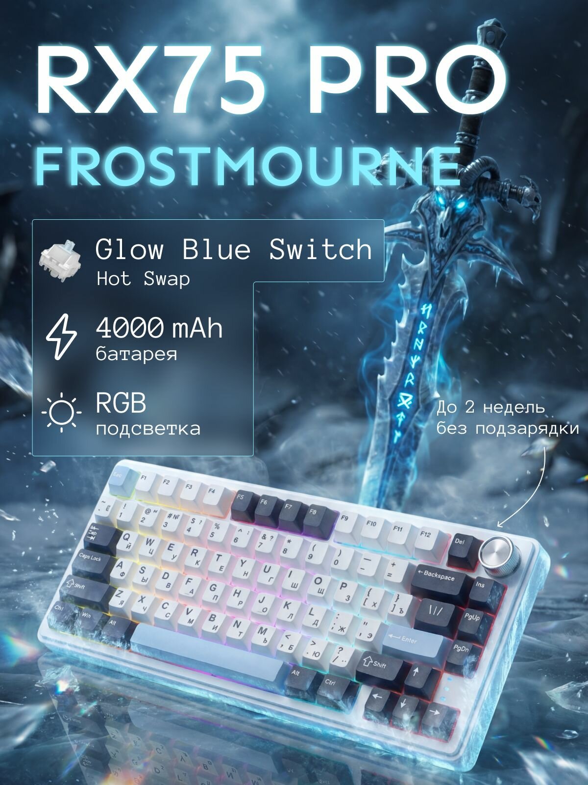 Механическая клавиатура CyberLynx RX75 Pro (Glow Blue Switch), беспроводная, игровая, белый, темно-синий, голубой