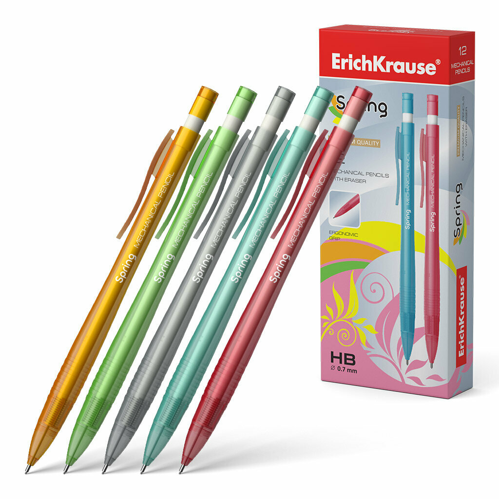 Карандаш ErichKrause механический Spring 0.7 мм, HB, ассорти, 5 цветов, 12 шт