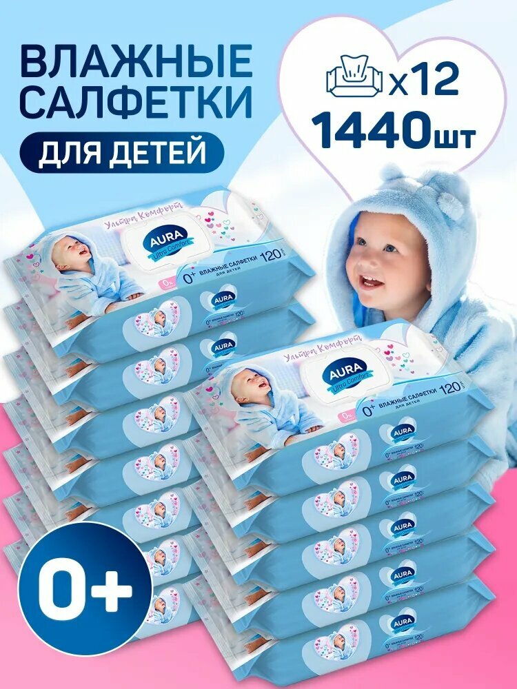 Влажные салфетки детские AURA ULTRA COMFORT для новорожденных с клапаном 1440 шт (120 шт х 12)