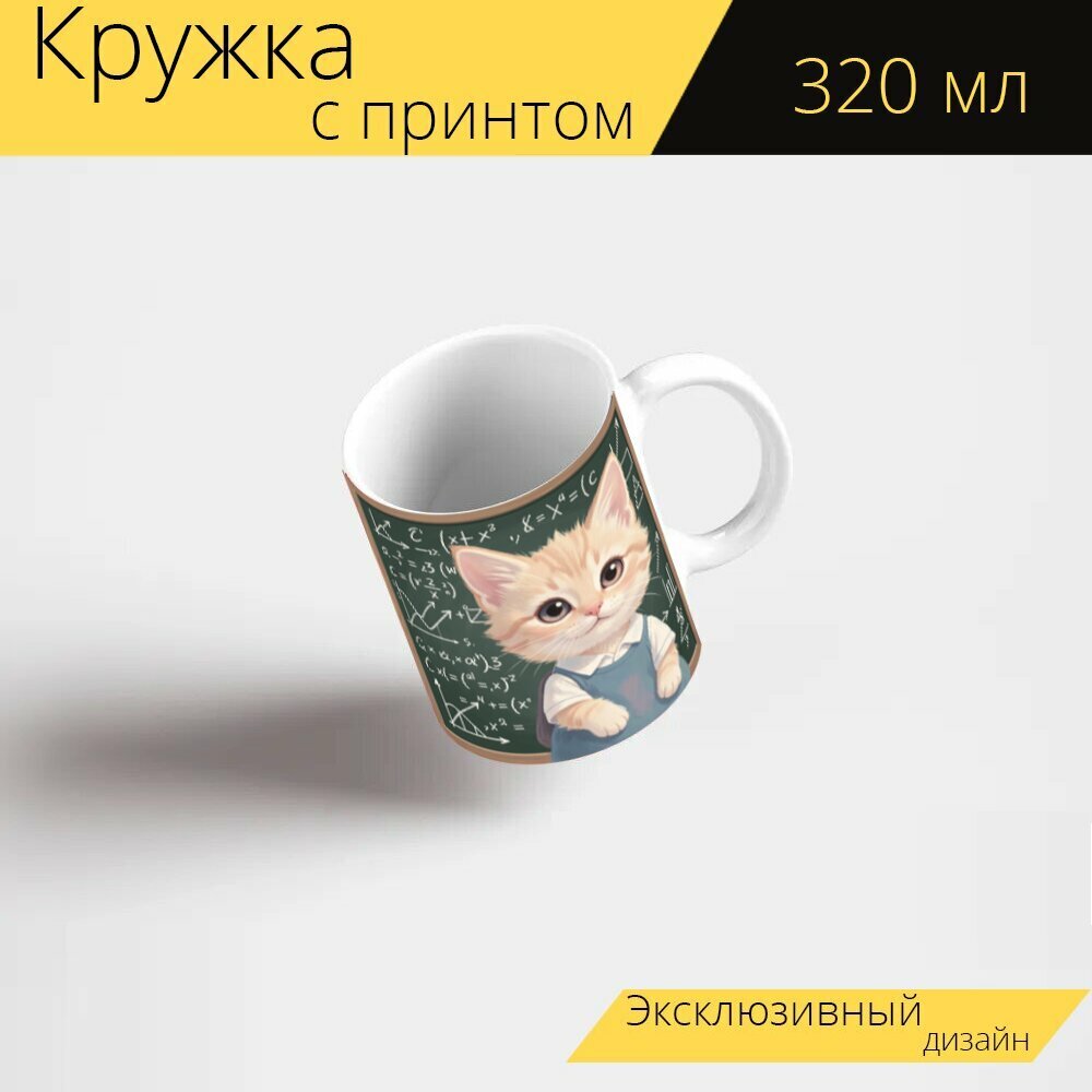 Кружка с рисунком, принтом "Рыжий котёнок у школьной доски. Милый пушистый ученик в синем сарафане на фоне классной доски с формулами, графиками и геометрией. Нежная." 320 мл.