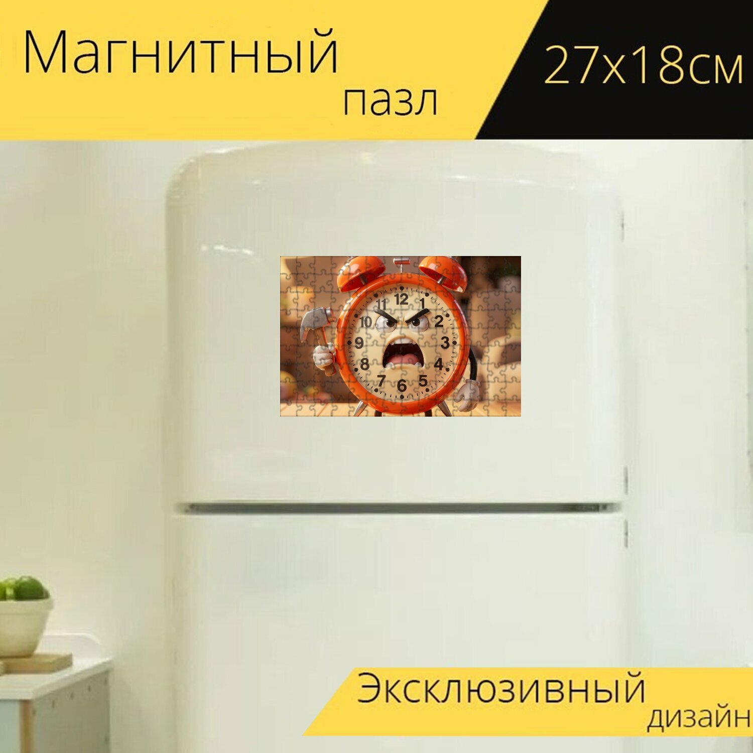 Магнитный пазл "Разъярённые домашние часы. Яркий 3D-рендер настольного звонка с колокольчиками и маленьким топориком, тёплые бежево-коралловые тона." на холодильник 27 x 18 см.