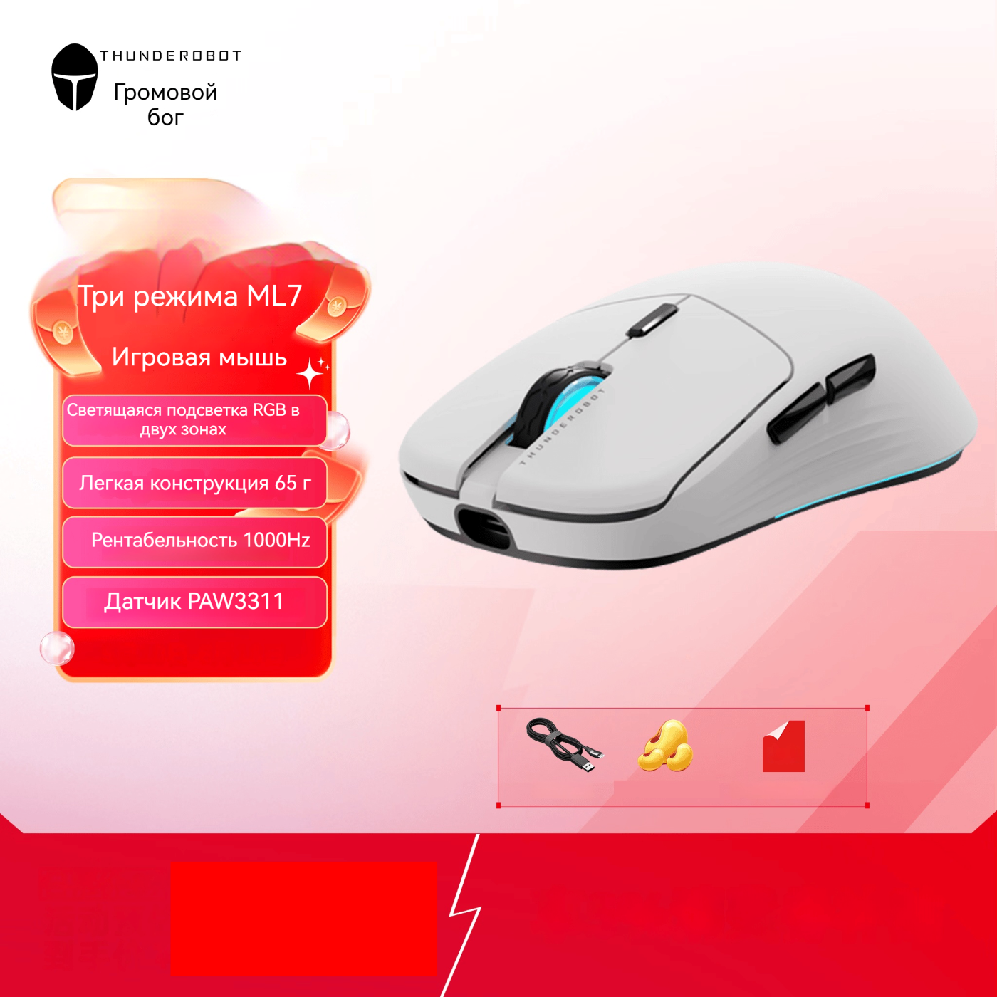 Высококачественная легкая беспроводная игровая офисная мышь ThundeRobot ML7 с трехрежимным подключением PAW3311