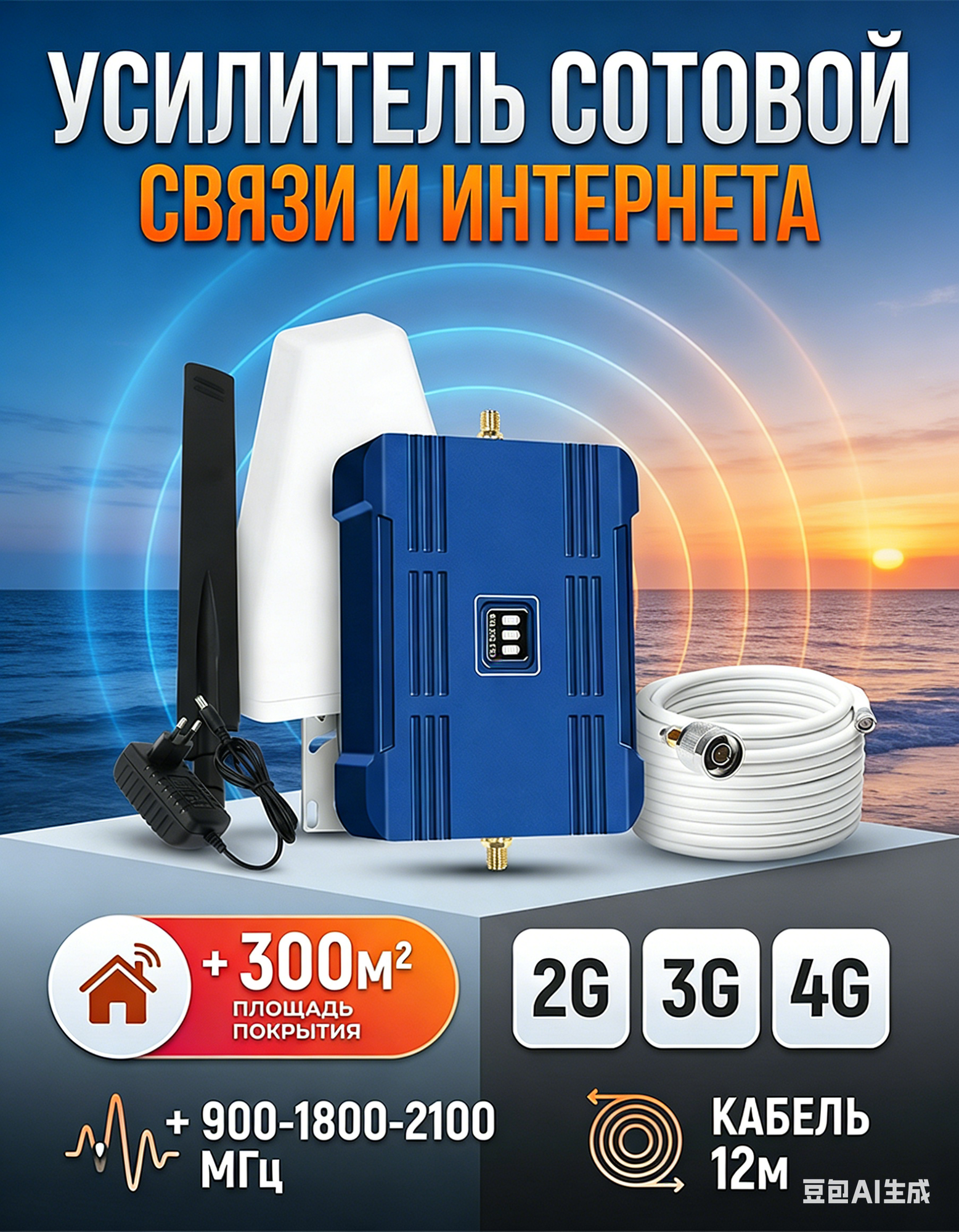Усилитель сотовой связи 900/1800/2100 МГц (2G/3G/4G): до 70 км, направленный, синий, 1.3 кг