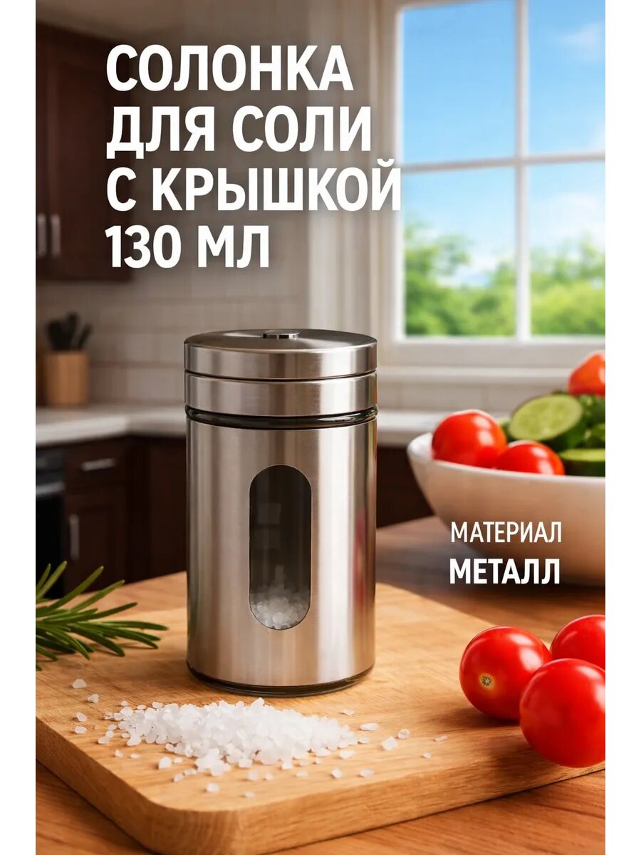 Солонка стеклянная Доляна «Стиль», 130 мл, 5×8 см, цвет серебряный