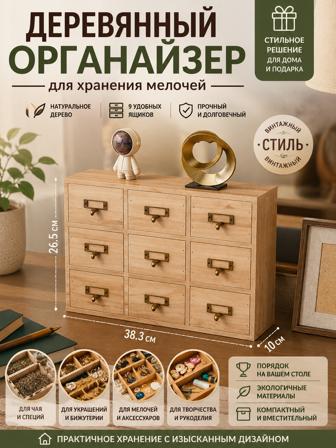 Полка аптекарская темно-коричневая, без сборки, 12 ящиков, 50х10х35 см