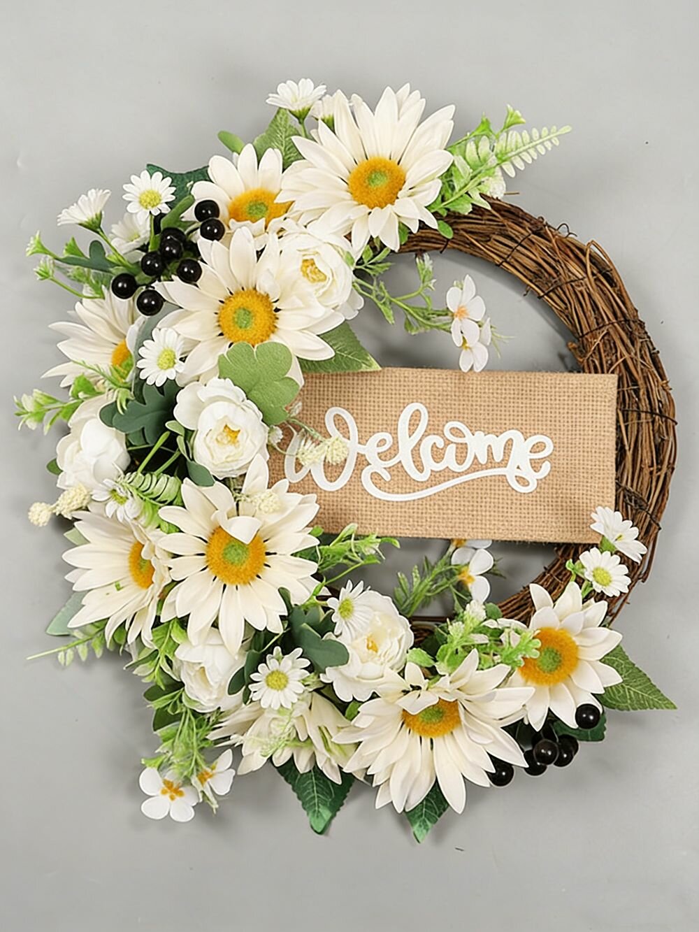 Венок с белыми ромашками, зелеными листьями и табличкой "Welcome" для украшения двери, вешалка