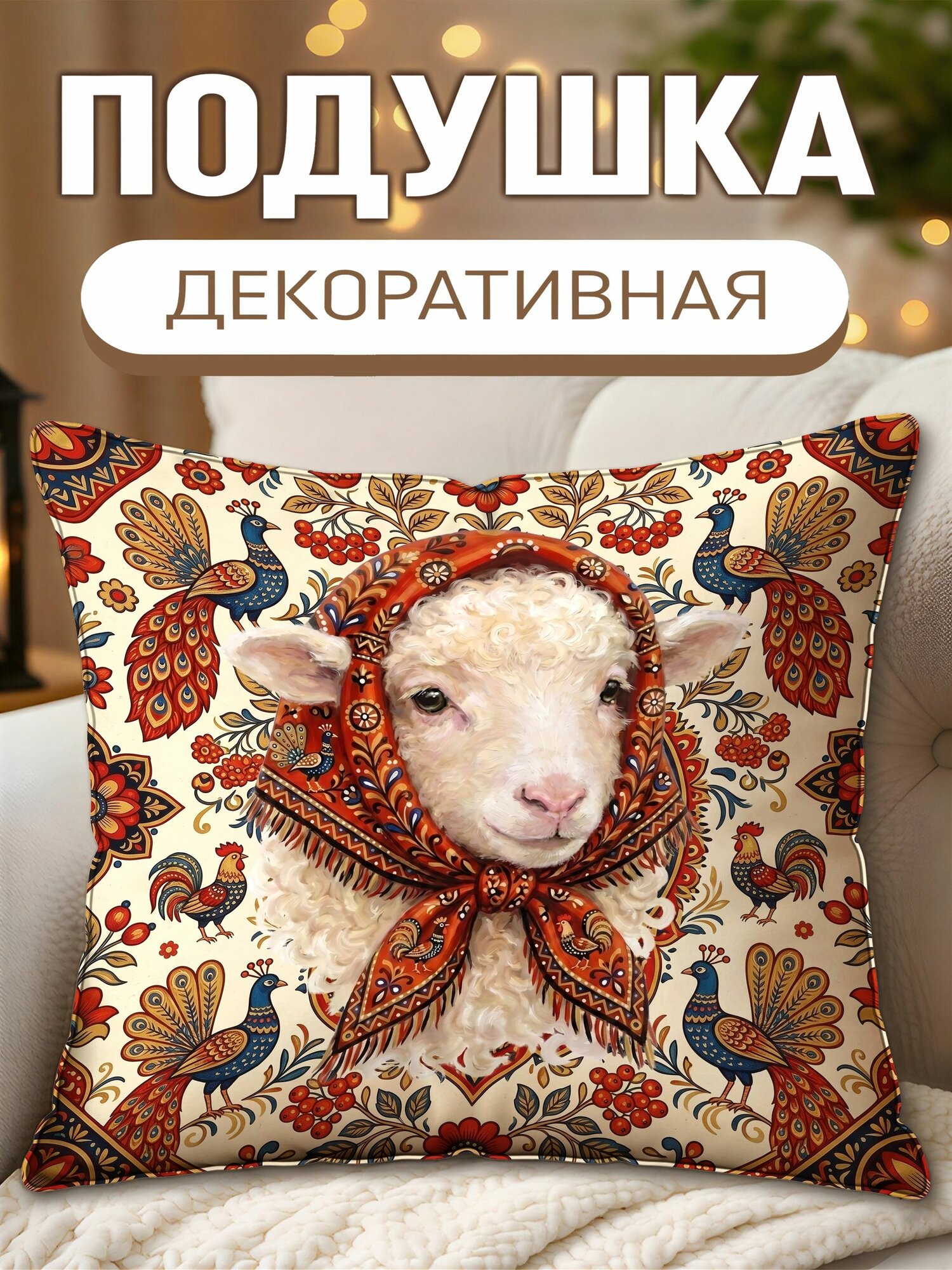 Подушка декоративная с принтом Овечка в платочке Роспись, размеры 40 х 40 см, 1 шт.
