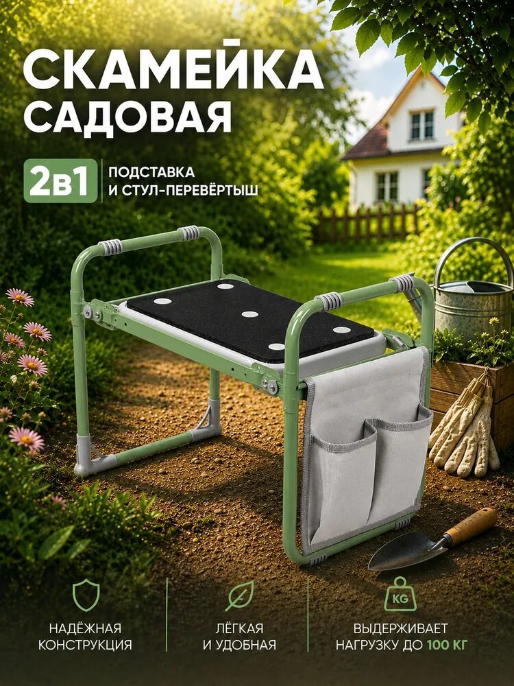 Скамейка садовая складная перевертыш для коленей и прополки для сада дачи огорода уличная лавочка металлическая с карманом органайзером Nika СКМ2-К/ОЛ оливковый