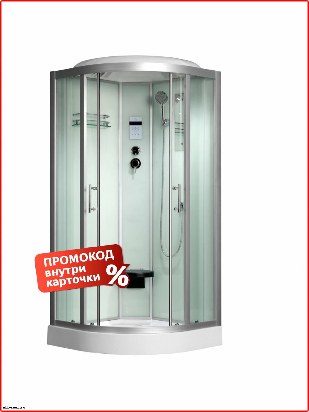 Душевая кабина Frank Viola 90x90 низкий поддон, четверть круга, белый, с сиденьем