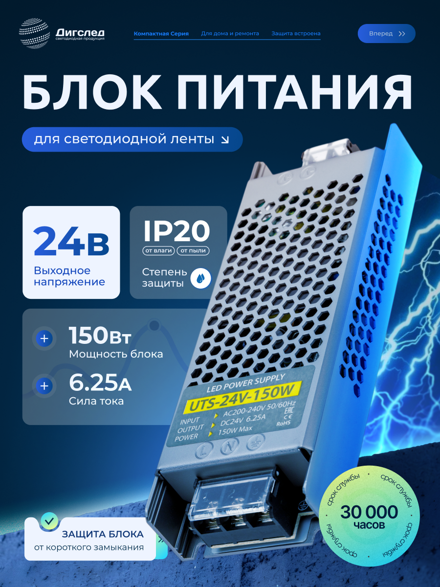 Блок питания 24В / 150Вт для светодиодной ленты, люстры, лампы, модулей, драйвер 24V /150W, 6.25A, IP20 DIGSLED