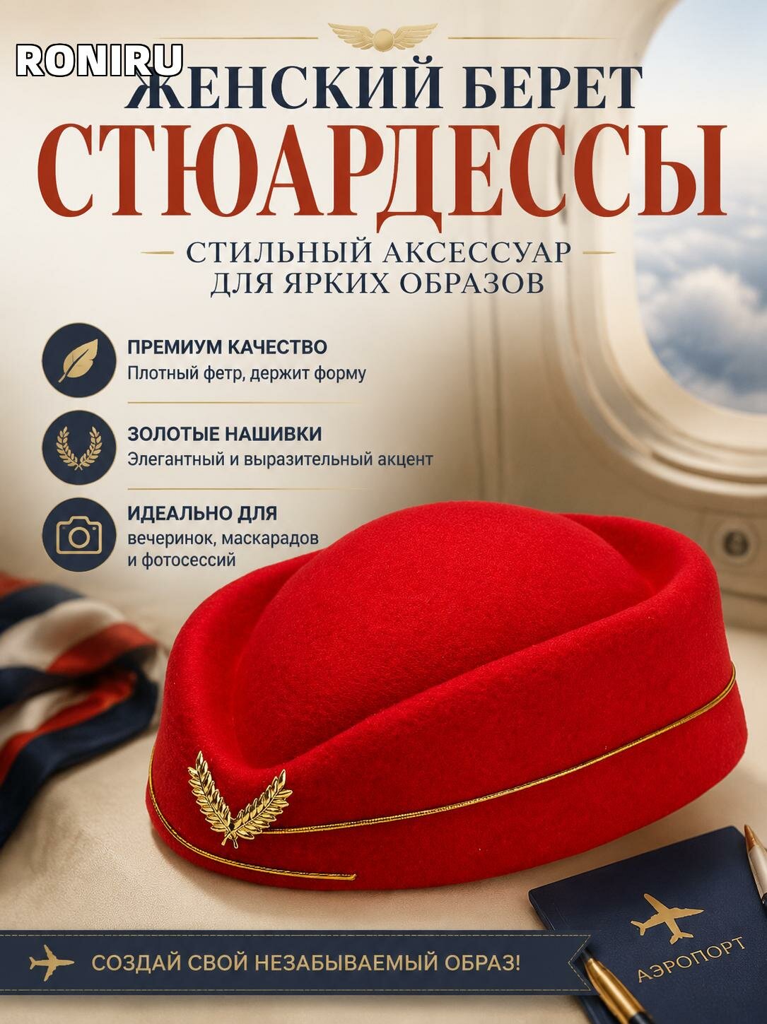 Женский берет стюардессы красный с золотыми нашивками - стильный аксессуар для вечеринок, маскарадов и фотосессий