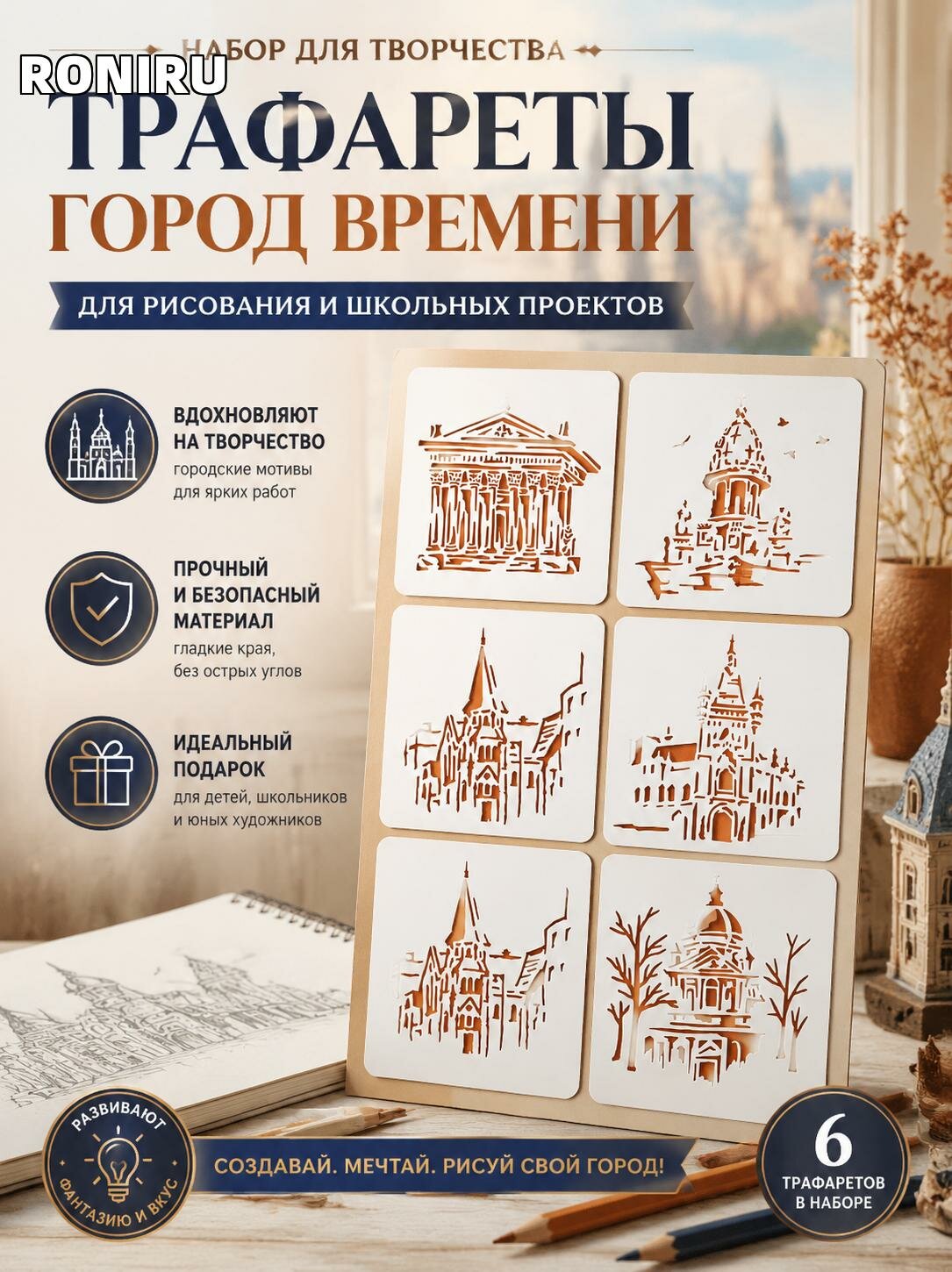 Трафареты Город времени для рисования — набор для детского творчества и школьных проектов с городскими мотивами