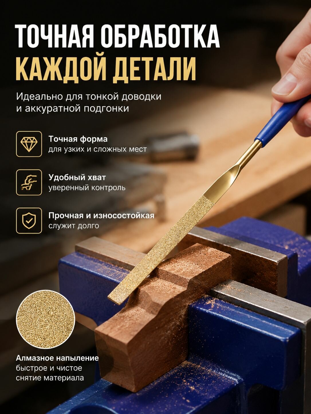 Комплект алмазных надфилей из 10 предметов: квадратный, круглый, плоский, треугольный и полукруглый, 5 180 мм, титановое покрытие