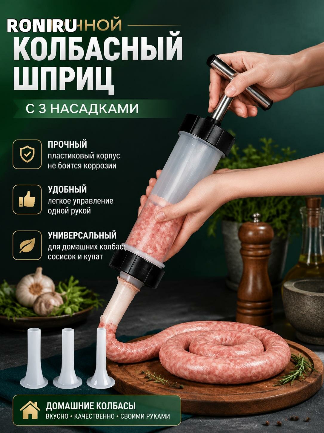 Ручной колбасный шприц с 3 насадками для домашних колбас и сосисок, с пластиковым корпусом — удобный инструмент