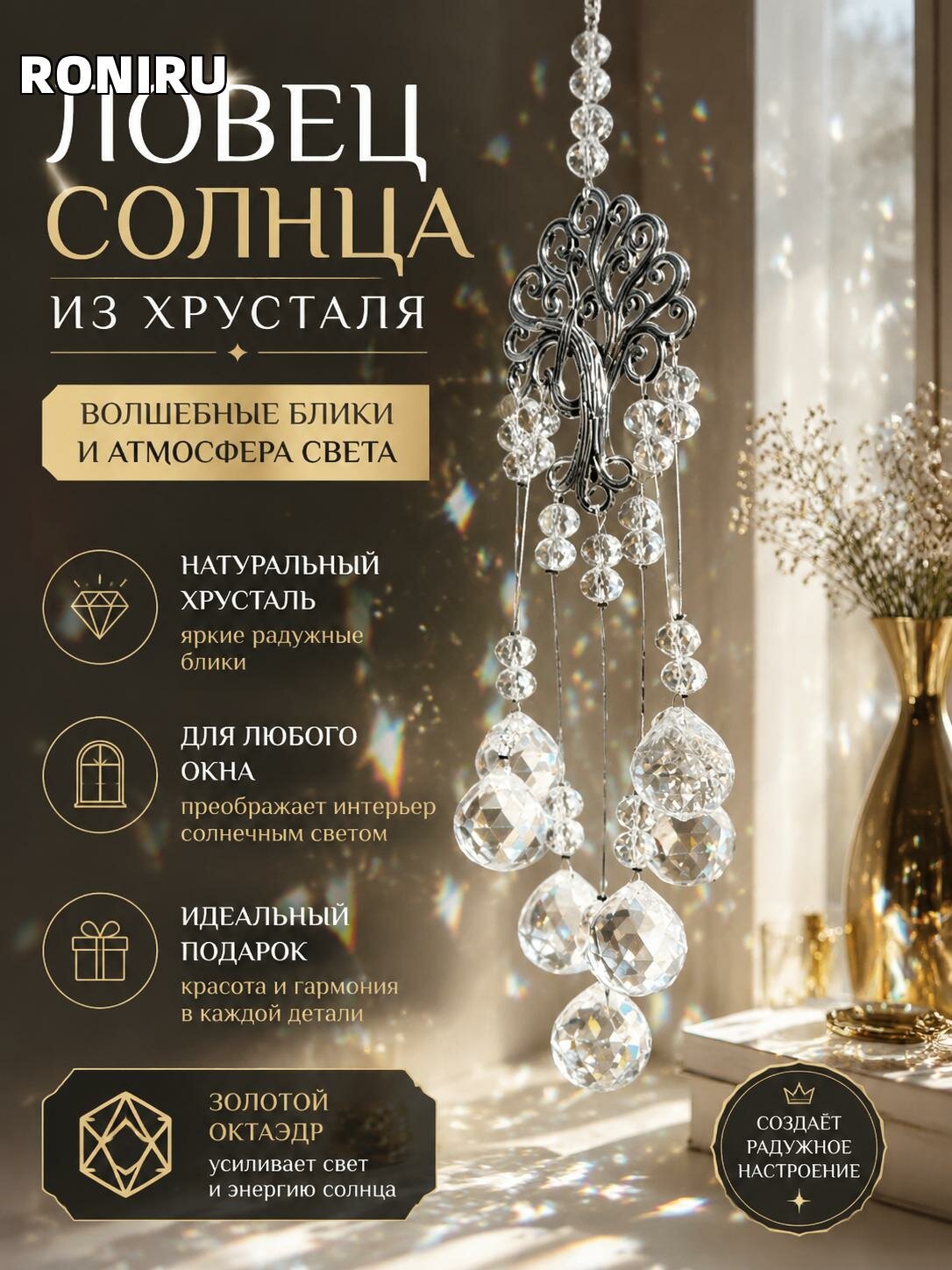 Ловец солнца из хрусталя — подвеска для окна с золотым октаэдром, создаёт радужные блики и волшебную атмосферу