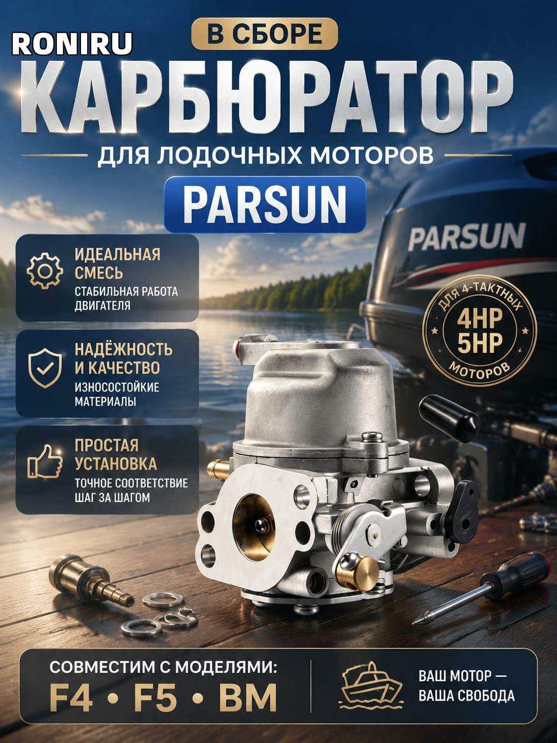 F4-04140000 карбюратор в сборе для Parsun Makara 4-тактный F4 F5 BM 4Hp 5Hp, серебристый металлический для лодочных подвесных моторов