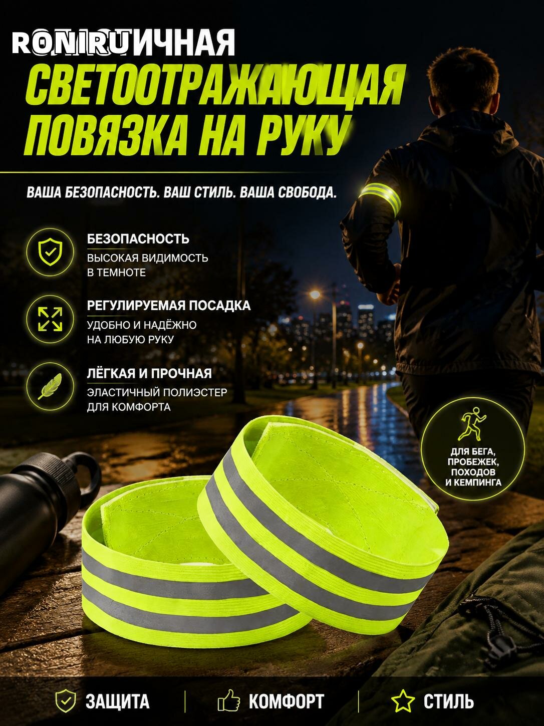 Эластичная светоотражающая повязка на руку из полиэстера, регулируемая посадка для бега, пробежек, походов и кемпинга