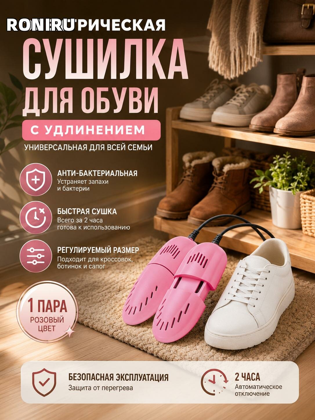 Электрическая сушилка для обуви с удлинением, универсальная для кроссовок, ботинок и сапог, розовая, 1 пара