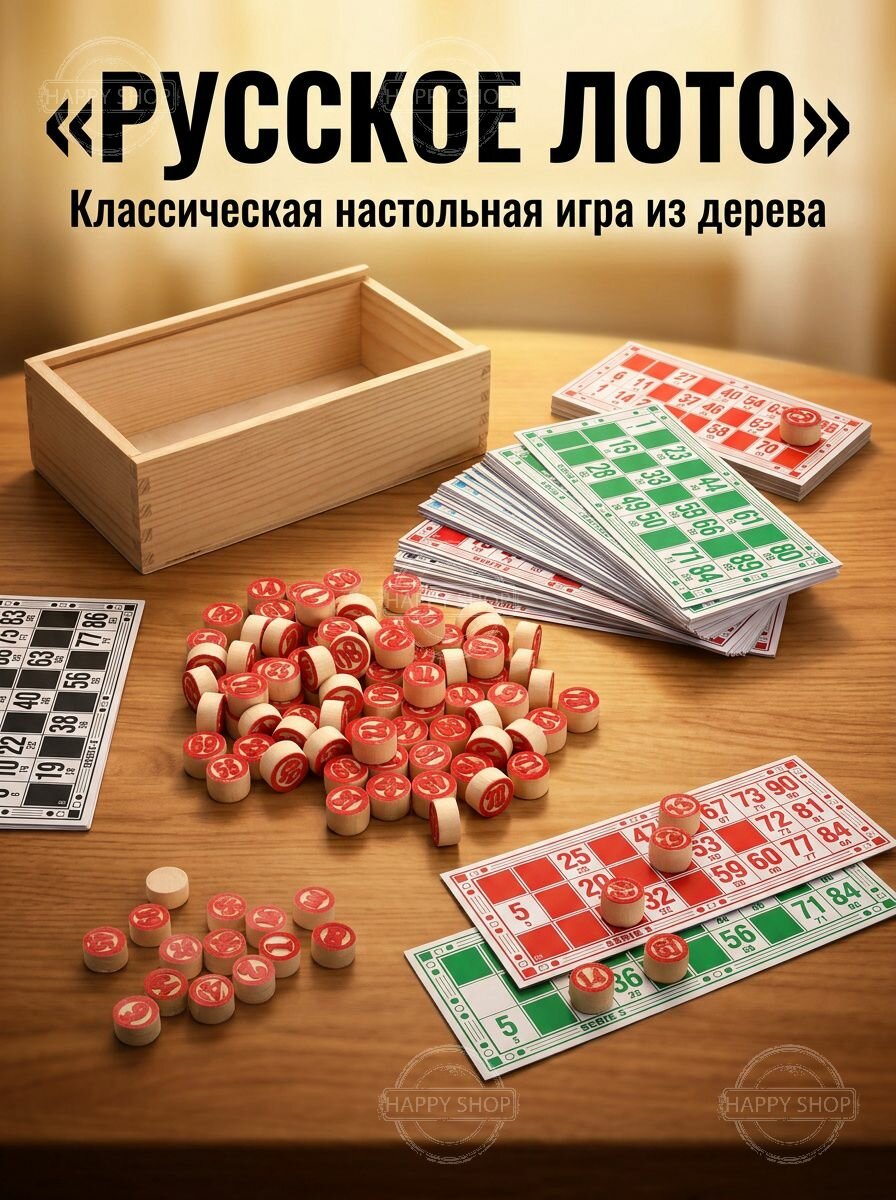 Настольная игра Русское лото с деревянными бочонками для всей семьи и компании взрослых