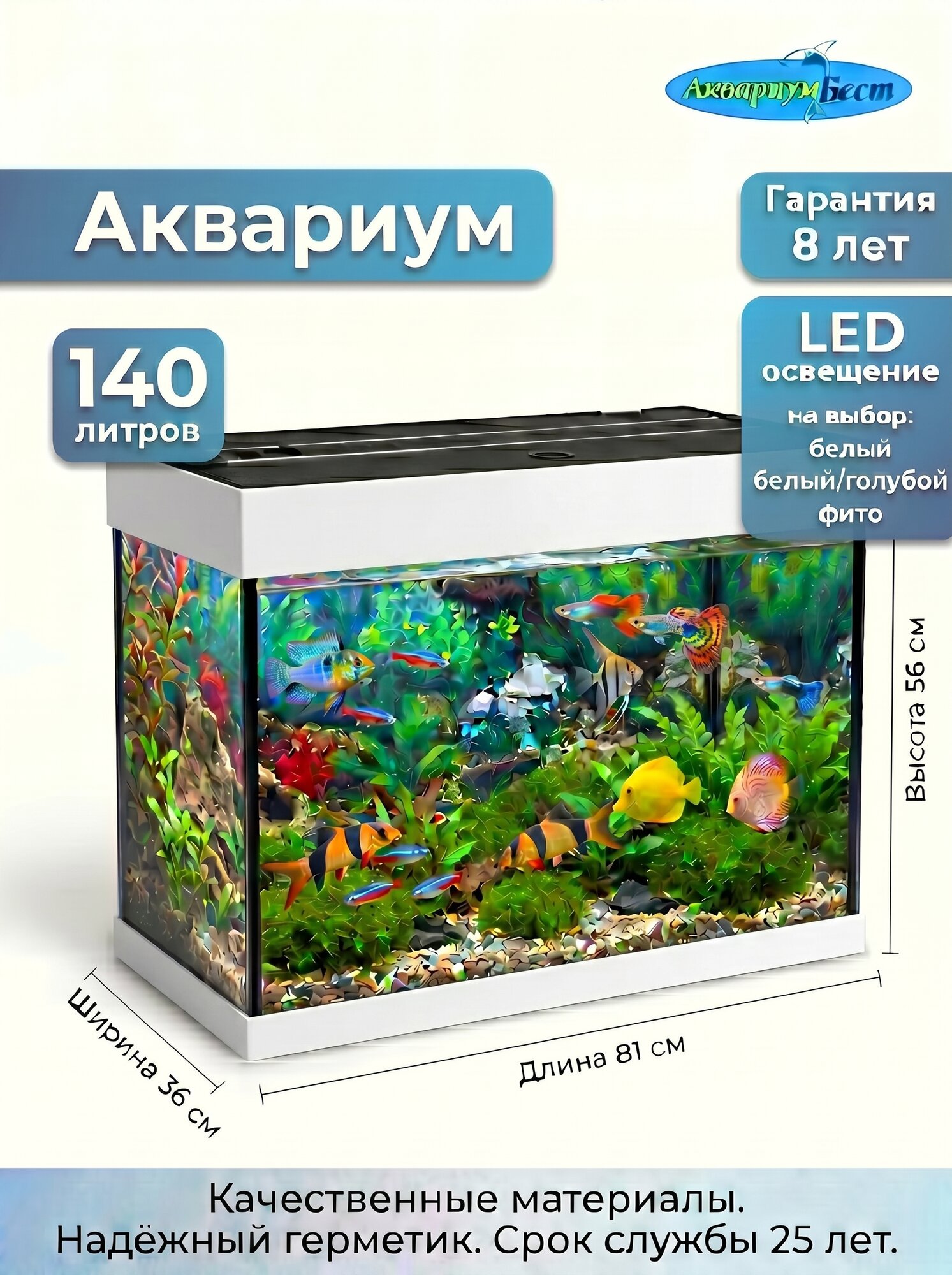 Аквариум 140 литров АквариумБест с LED освещением, Белый (81х36х57 см)