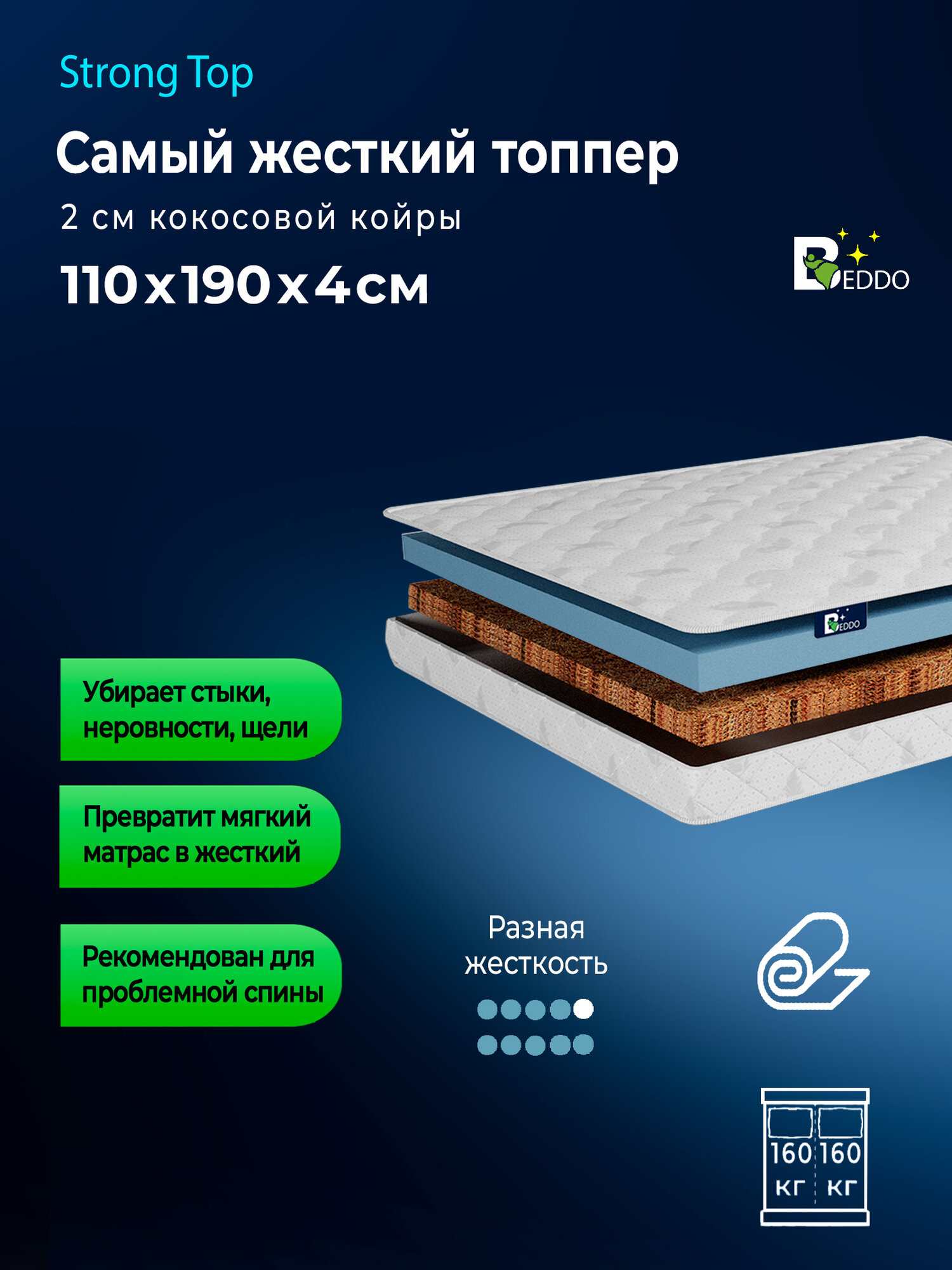 Топпер матрас 100х190 жесткий наматрасник с кокосовой койрой Strong Top