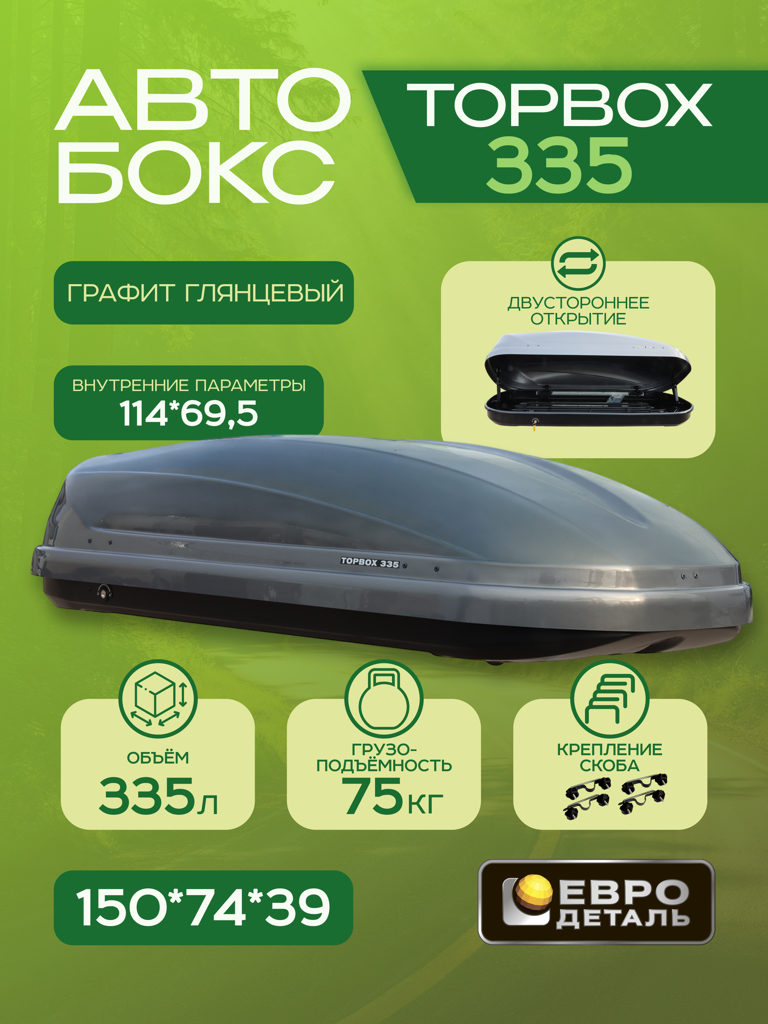 Автобокс на крышу Евродеталь TOPBOX 335, графит глянцевый, 335 л, 150х74х39 см. Двустороннее открытие