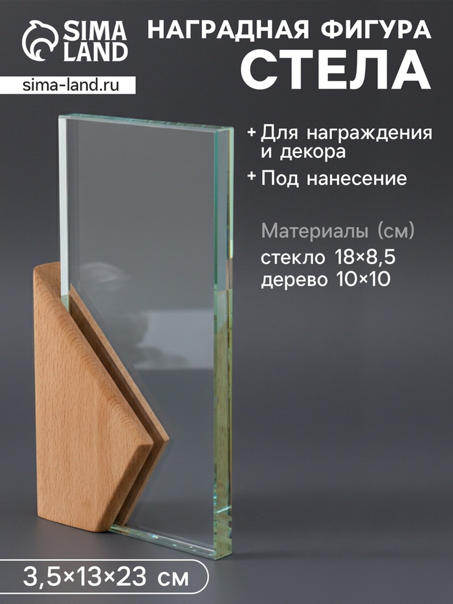 Наградная фигура стела «Геометрия», верх 23×11.5 см, низ 15×9.3 см, стекло, дерево, 3.5×13×23 см