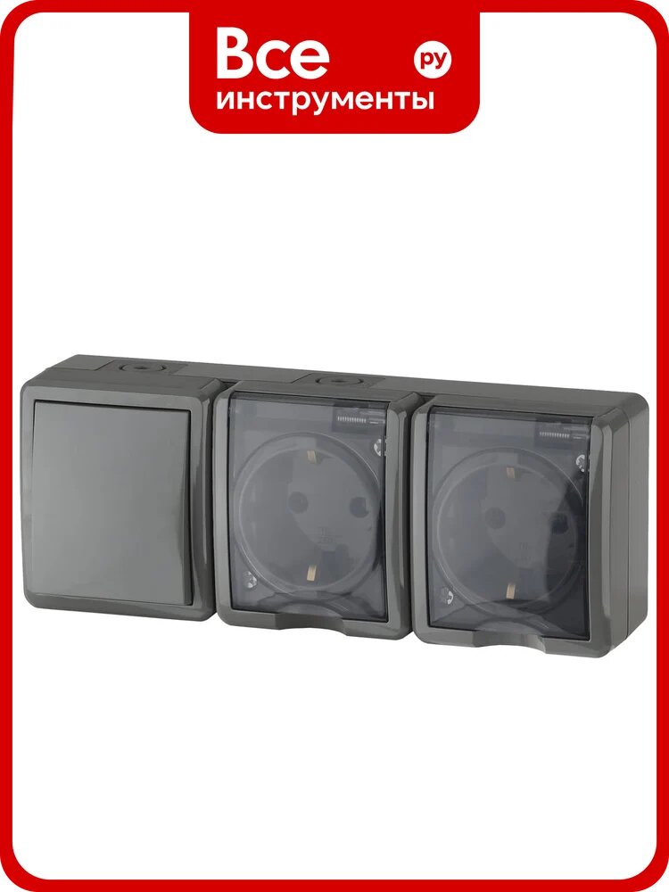 Блок две розетки + выключатель ЭРА-03 IP54, 16A 10AX -250В, ОУ, Эксперт, серый
